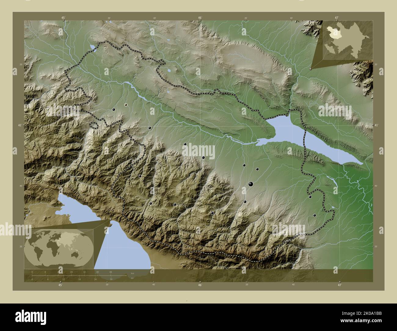 Ganja-Qazakh, region of Azerbaijan. Elevation map colored in wiki style with lakes and rivers ...