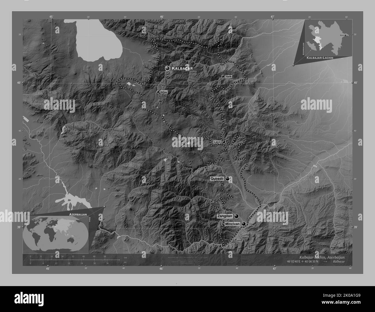 Kalbajar-Lachin, region of Azerbaijan. Grayscale elevation map with ...
