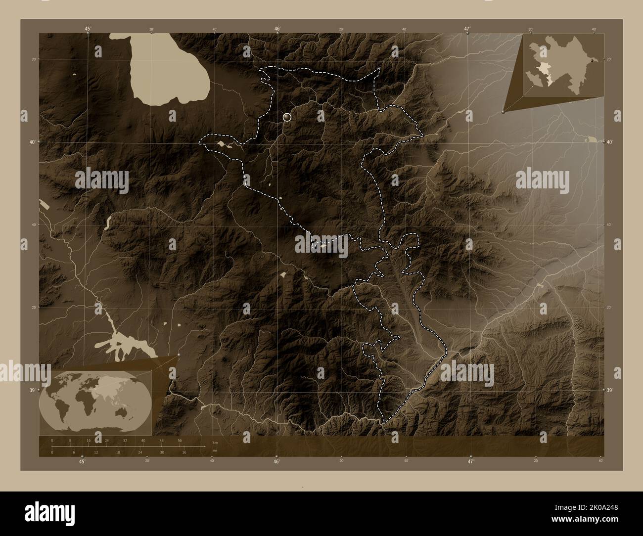 Kalbajar-Lachin, region of Azerbaijan. Elevation map colored in sepia ...