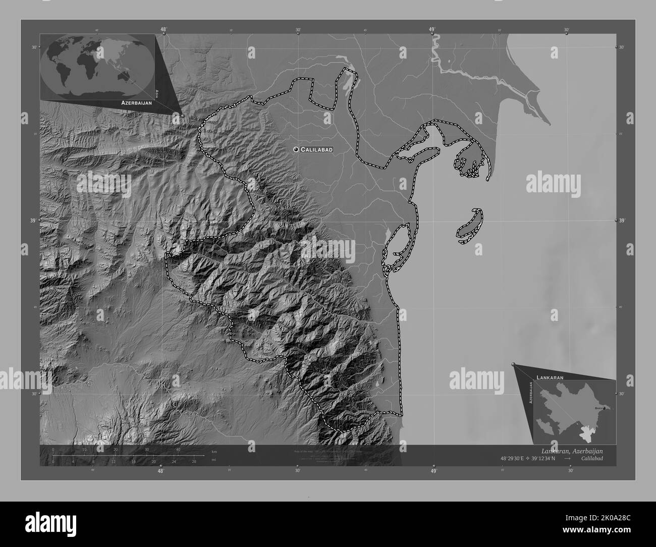 Lankaran, region of Azerbaijan. Bilevel elevation map with lakes and ...