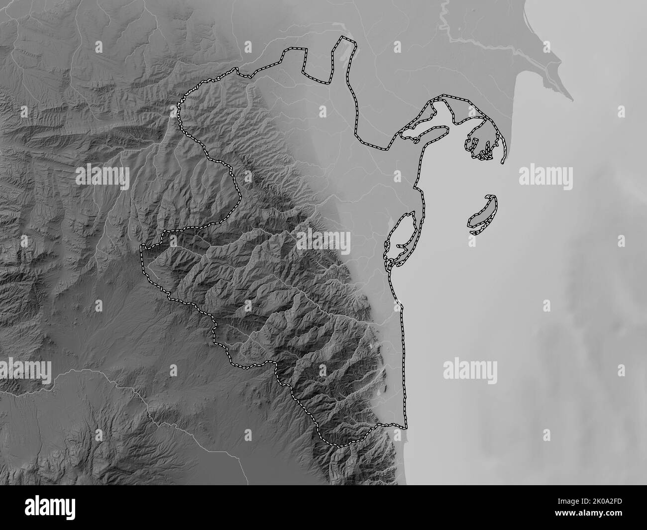 Lankaran, region of Azerbaijan. Grayscale elevation map with lakes and ...