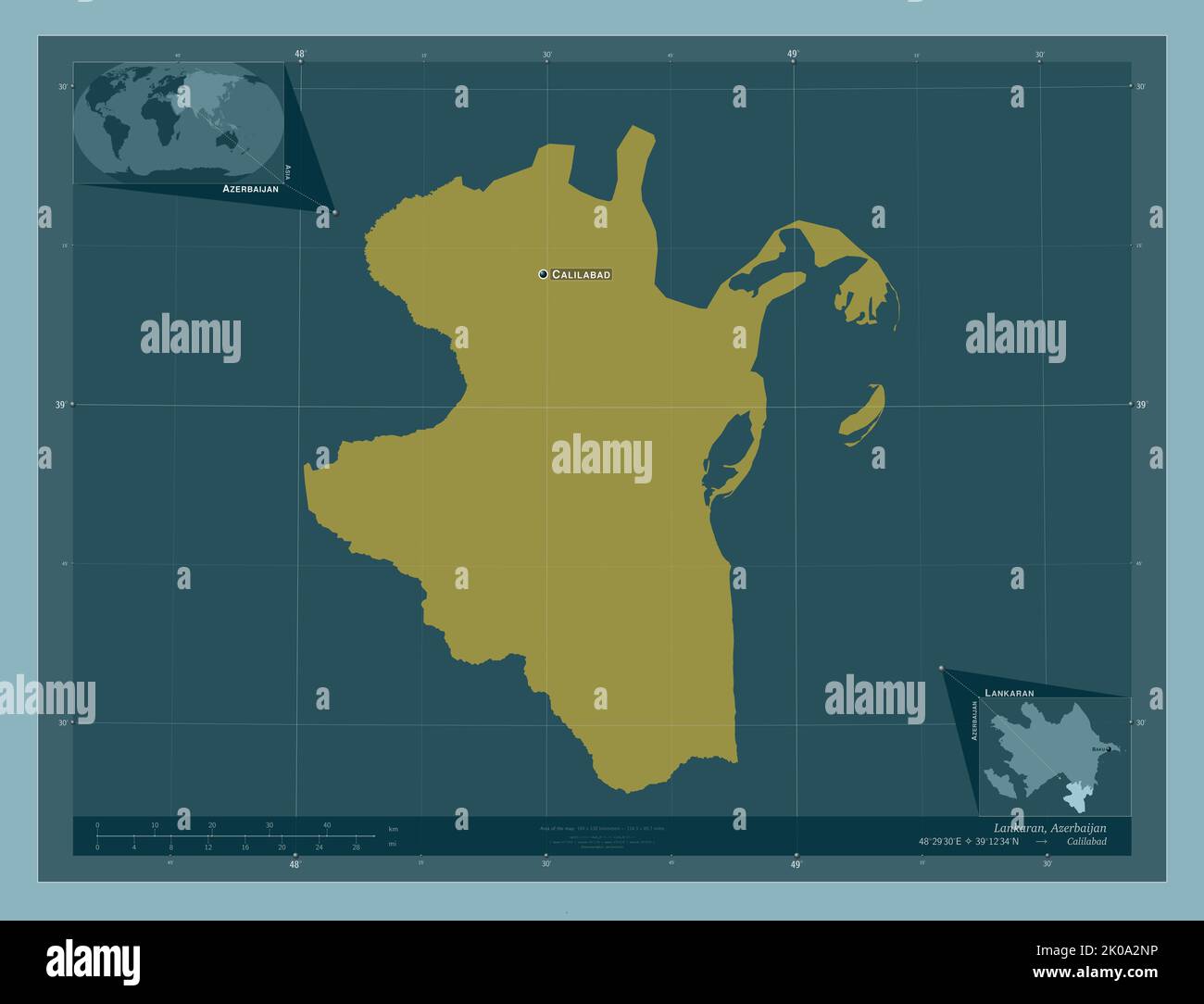 Lankaran, region of Azerbaijan. Solid color shape. Locations and names ...