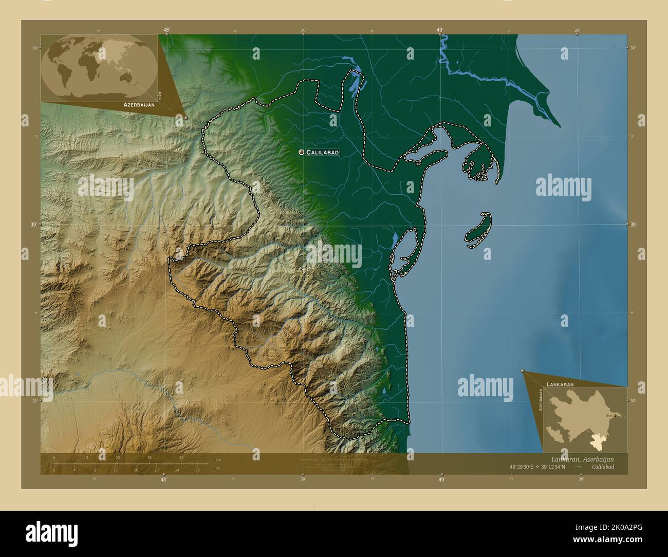 Lankaran, region of Azerbaijan. Colored elevation map with lakes and ...