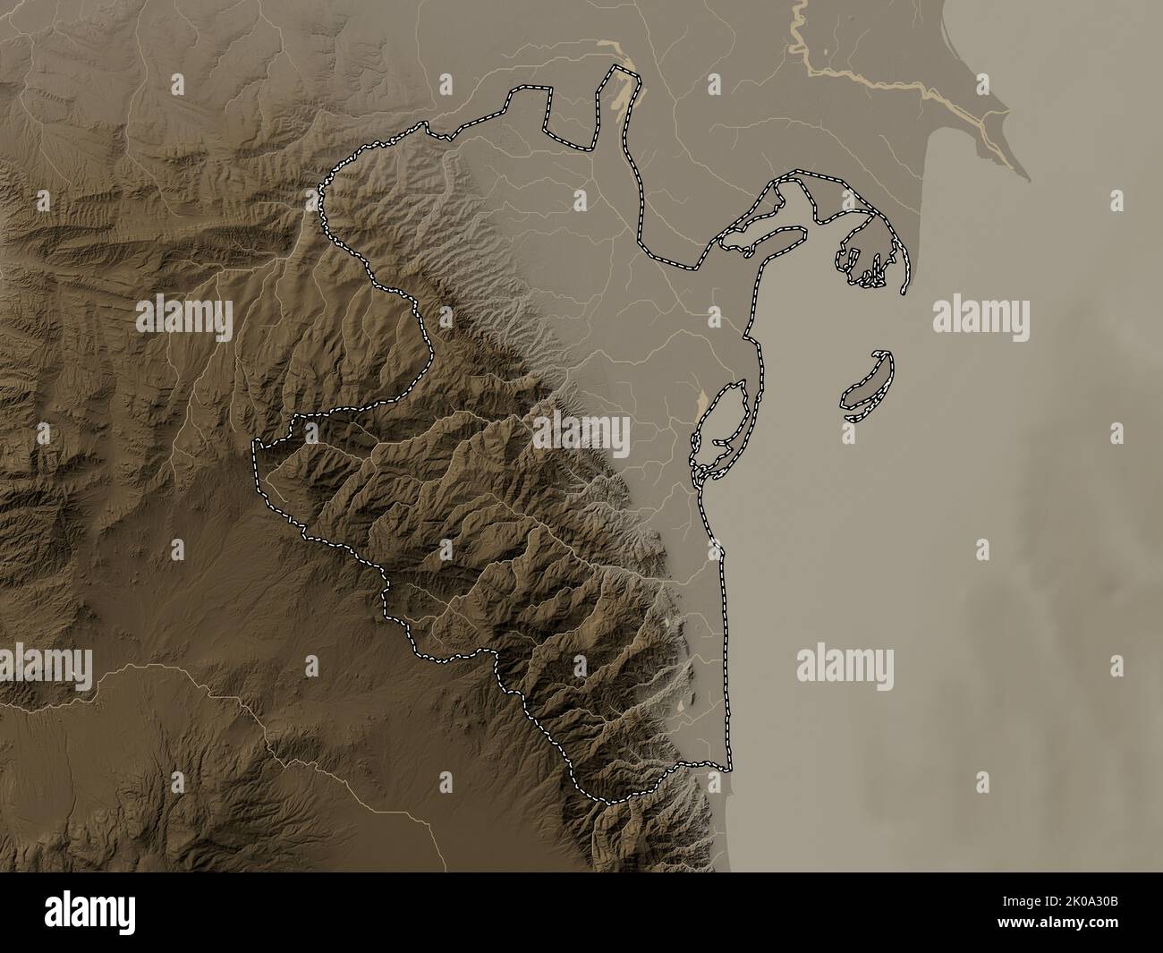 Lankaran, region of Azerbaijan. Elevation map colored in sepia tones ...