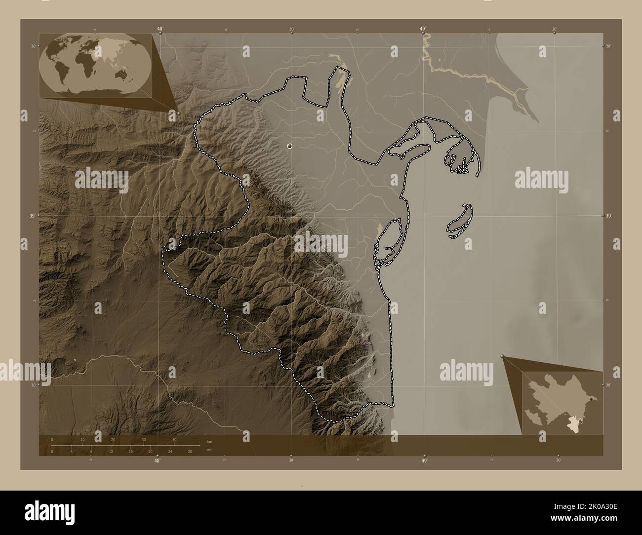 Lankaran, region of Azerbaijan. Elevation map colored in sepia tones ...