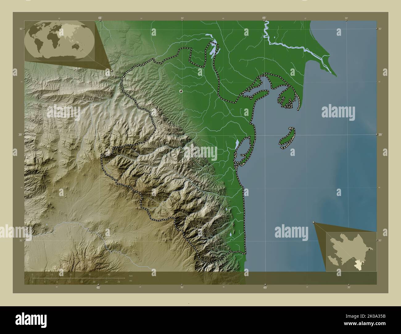 Lankaran, region of Azerbaijan. Elevation map colored in wiki style with lakes and rivers ...