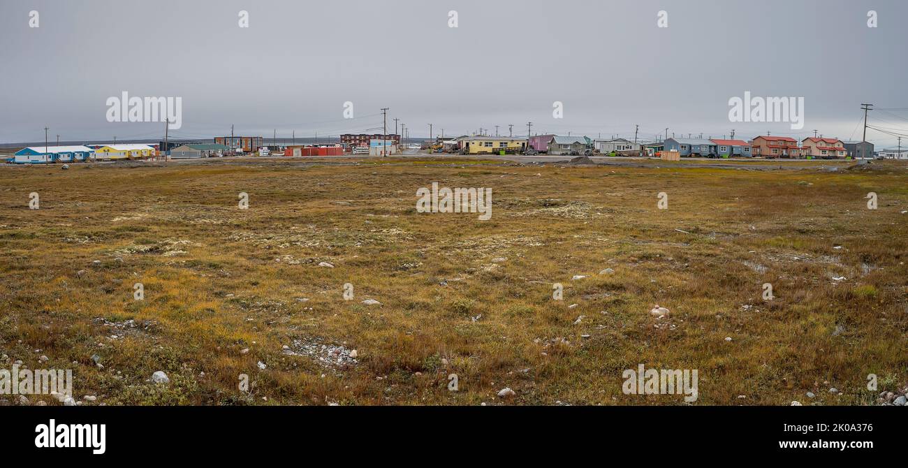 Distant view of the town on Rankin Inlet on the banks of Hudson Bay ...