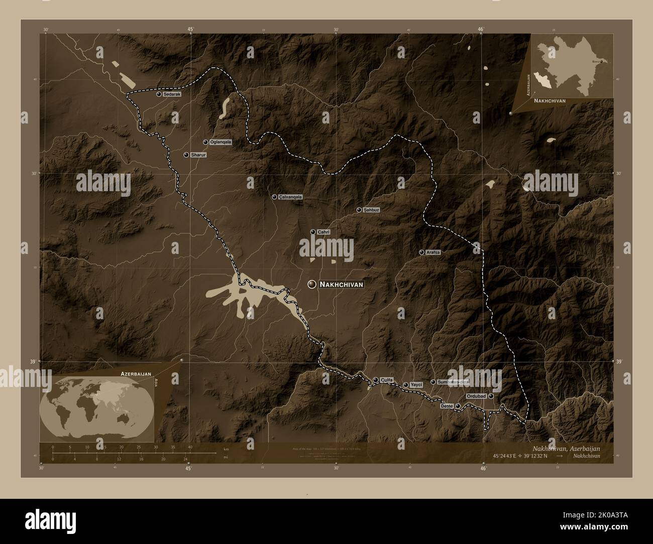 Nakhchivan, region of Azerbaijan. Elevation map colored in sepia tones ...