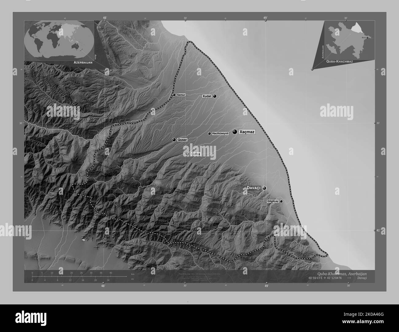 Quba-Khachmaz, region of Azerbaijan. Grayscale elevation map with lakes ...