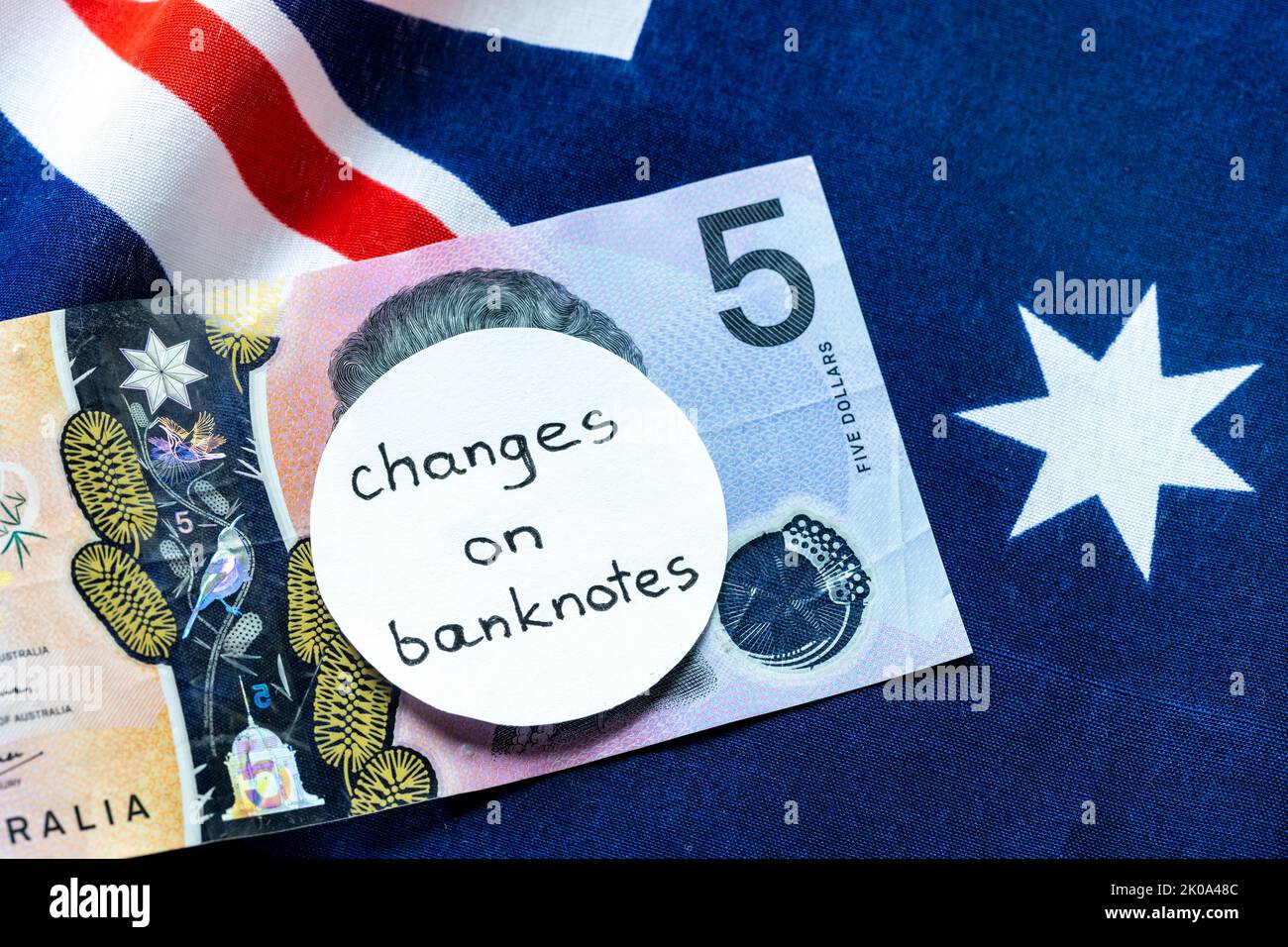 5 Australian dollar banknote with the veiled face of the English queen ...