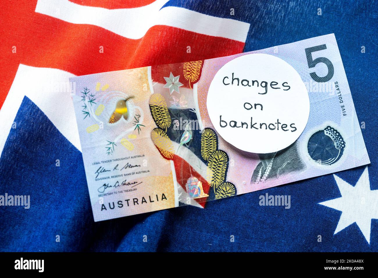 5 Australian dollar banknote with the veiled face of the English queen ...