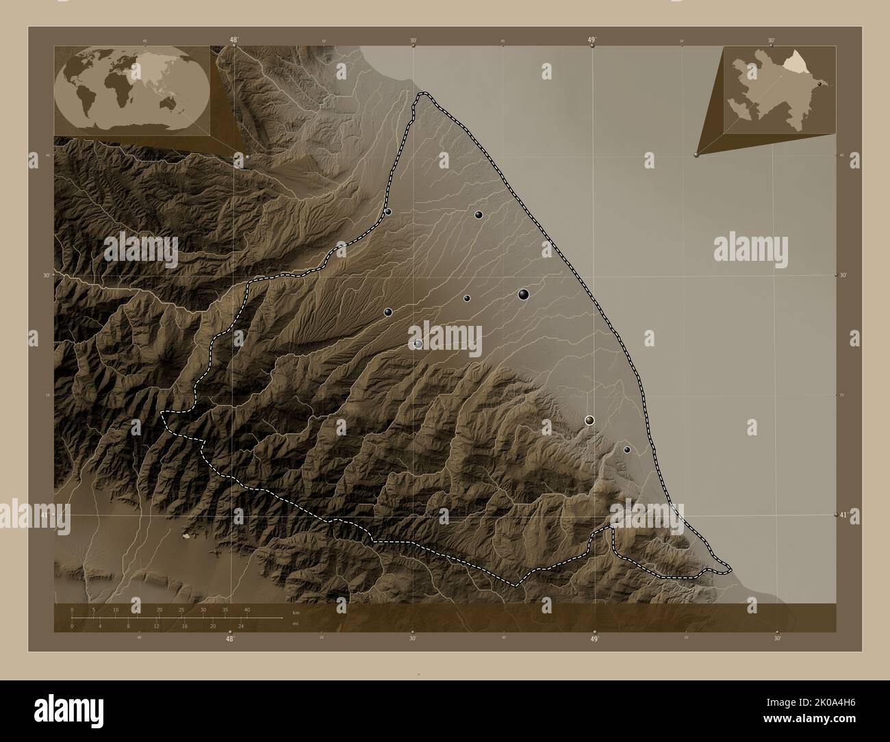 Quba-Khachmaz, region of Azerbaijan. Elevation map colored in sepia ...