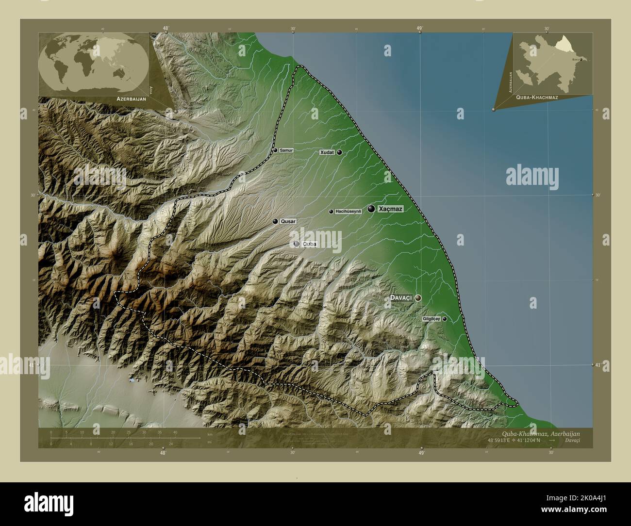 Quba-Khachmaz, region of Azerbaijan. Elevation map colored in wiki style with lakes and rivers ...