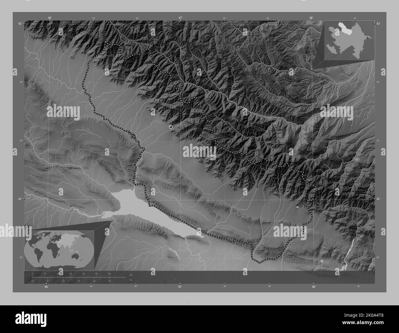Shaki-Zaqatala, region of Azerbaijan. Grayscale elevation map with ...