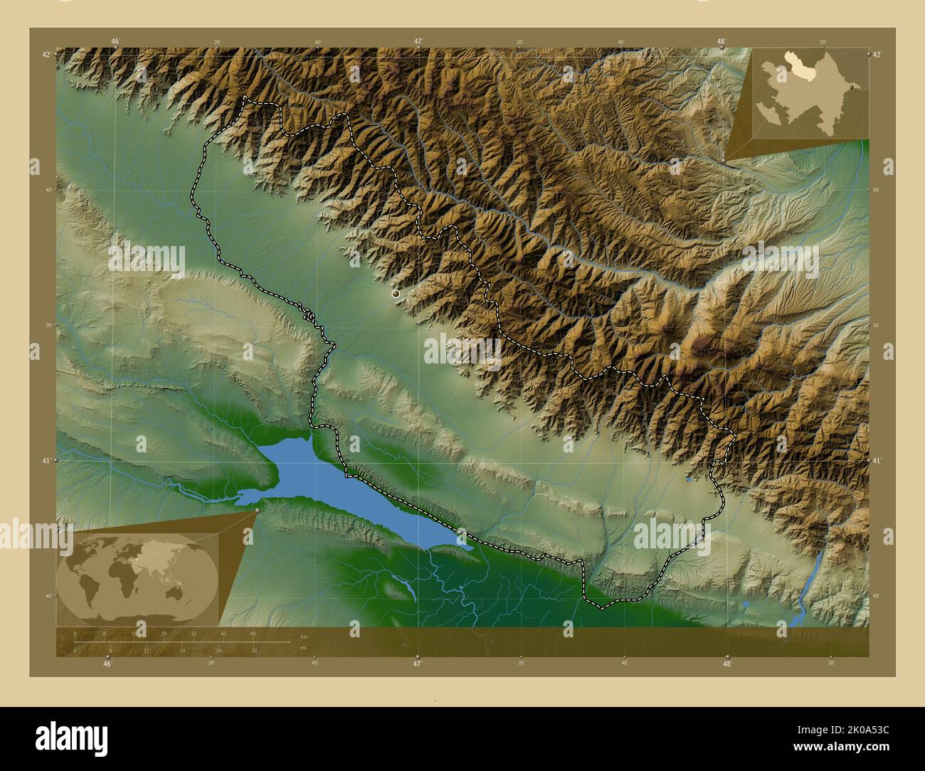 Shaki-Zaqatala, region of Azerbaijan. Colored elevation map with lakes ...