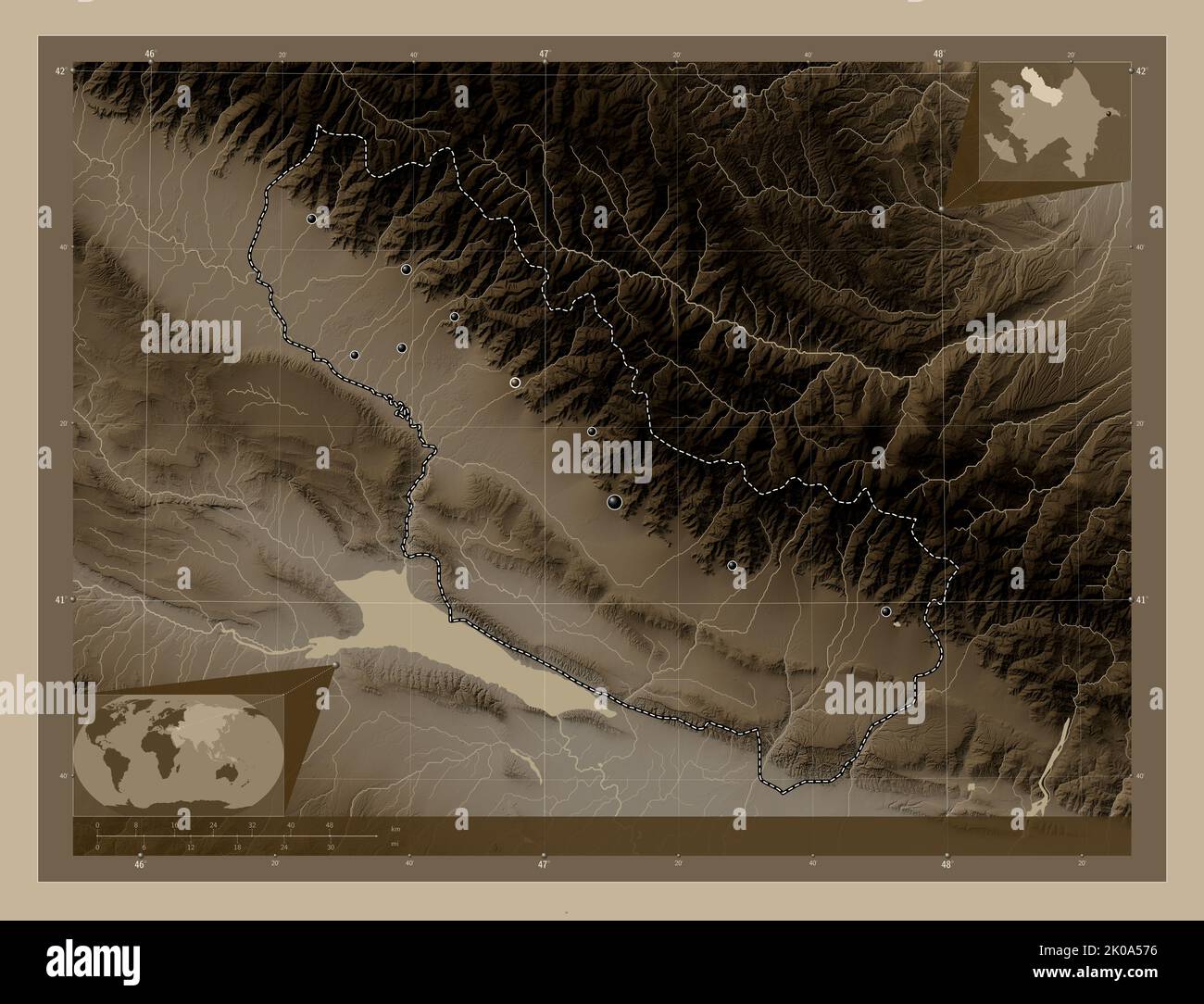 Shaki-Zaqatala, region of Azerbaijan. Elevation map colored in sepia ...