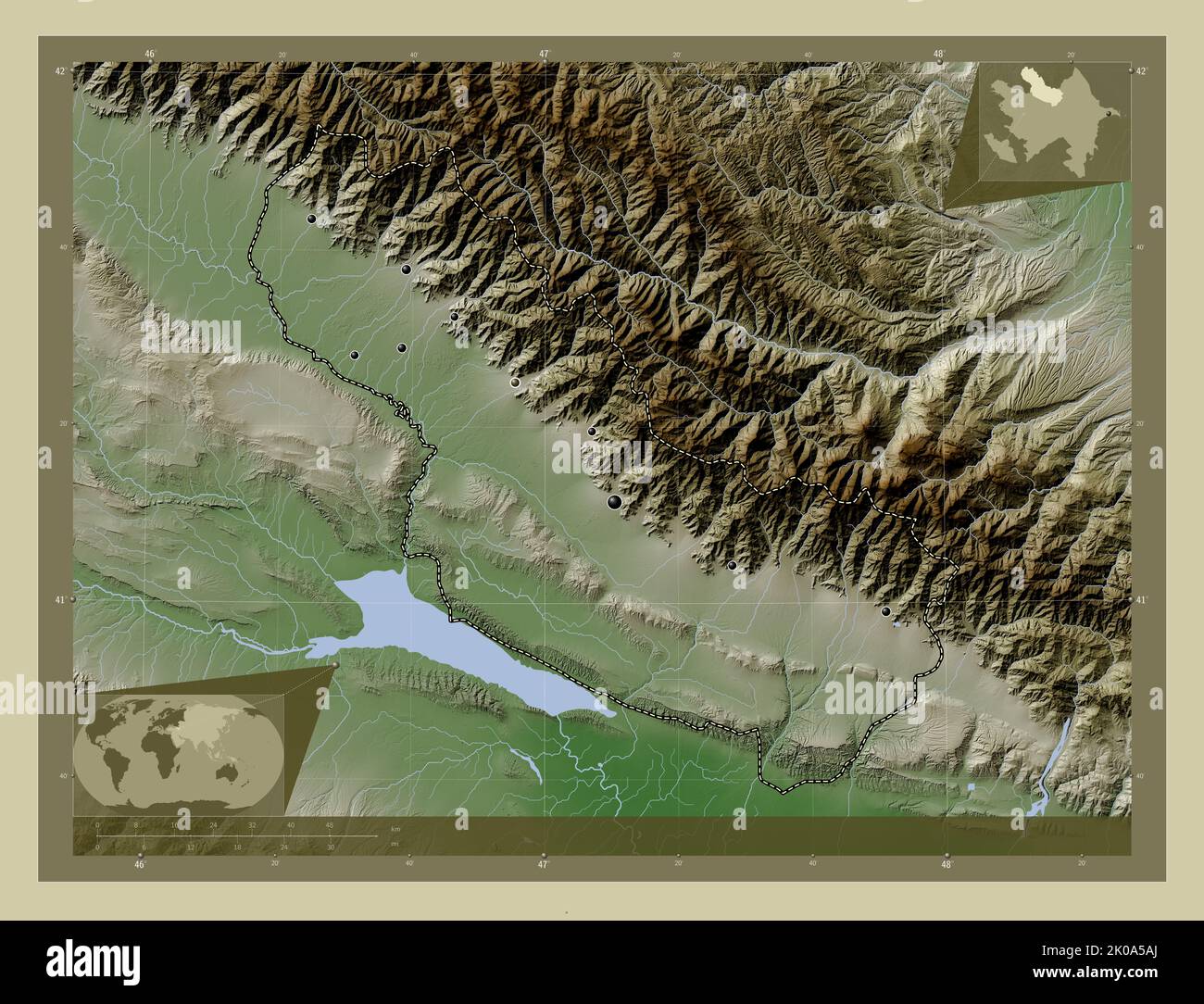 Shaki-Zaqatala, region of Azerbaijan. Elevation map colored in wiki style with lakes and rivers ...