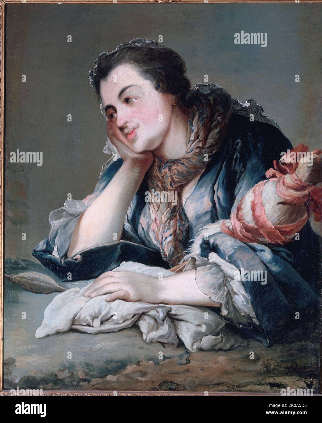 Portrait of a woman holding a distaff (around 1740), c1740 Stock Photo ...