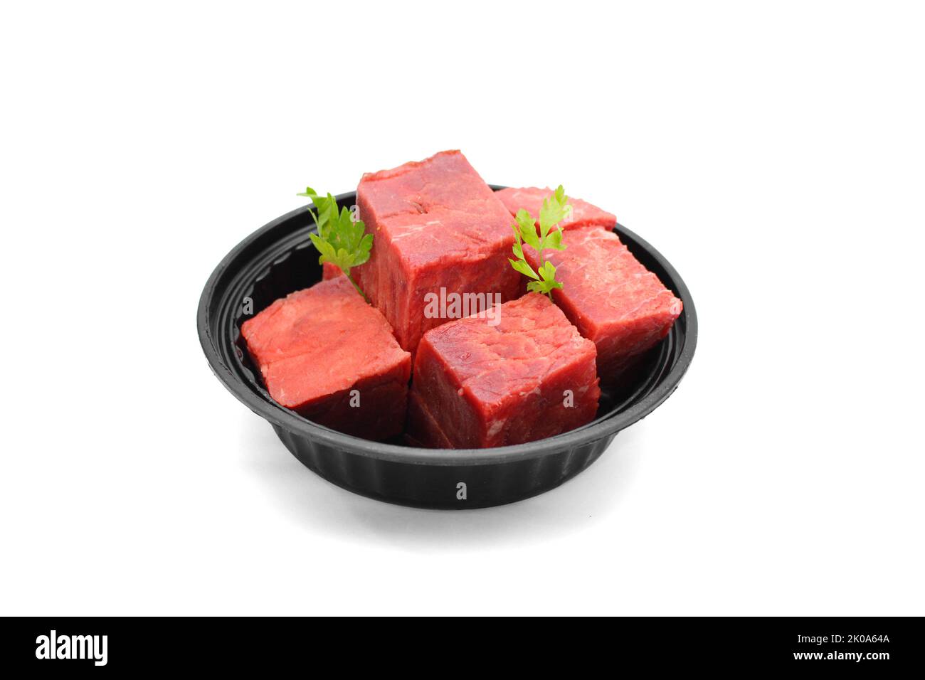 Fresh Raw Beef Cubes in Black Bowl Isolated on White Background Stock ...