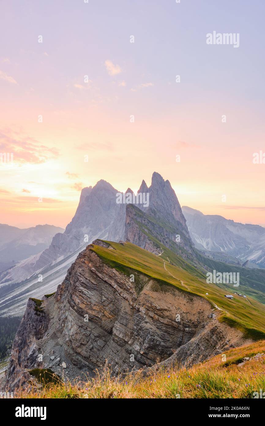 Stunning view of Seceda ridge during a beautiful sunset. The Seceda ...