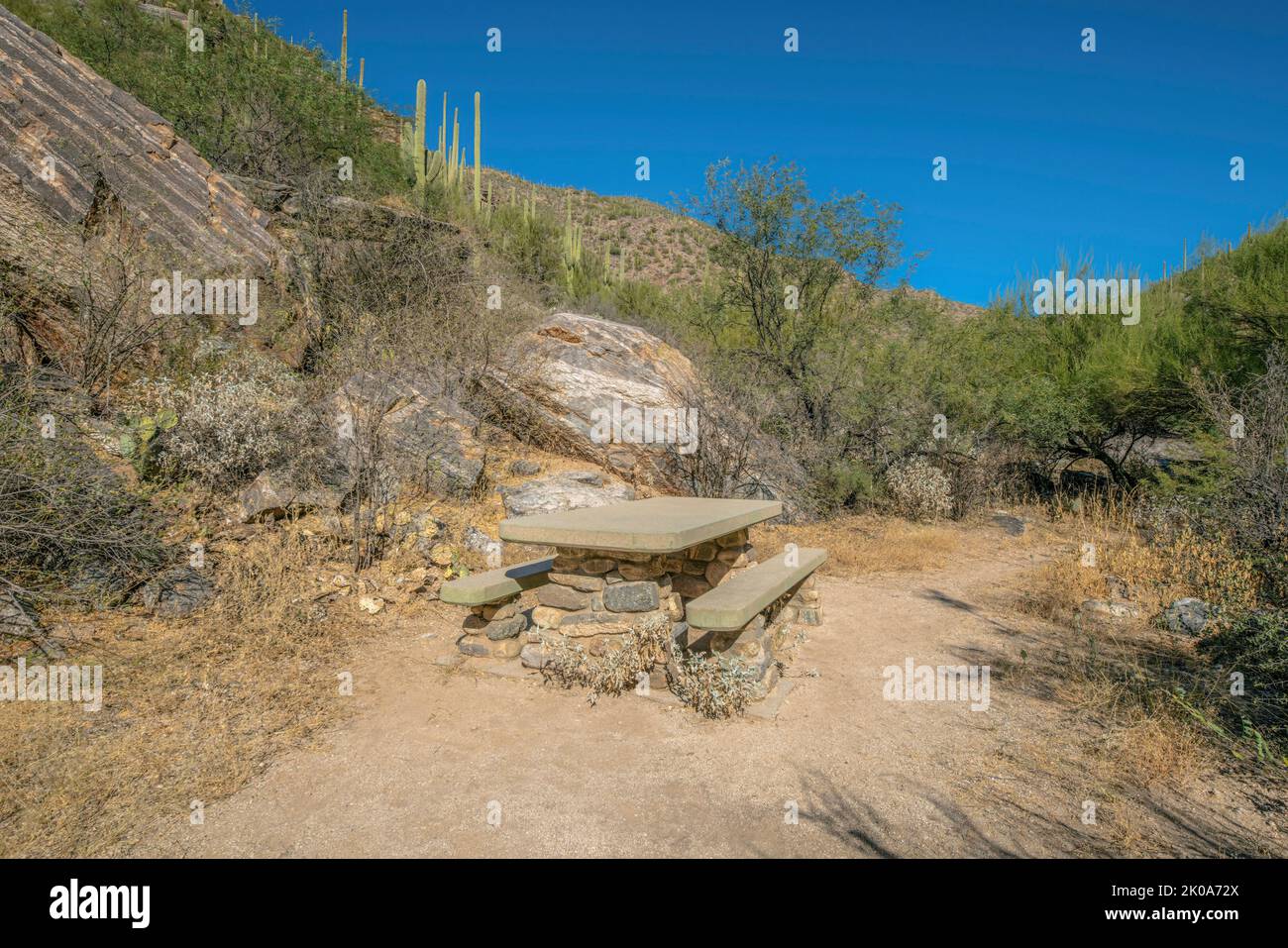 Concrete dining table with stone pillars in a campgrounds at Sabino ...