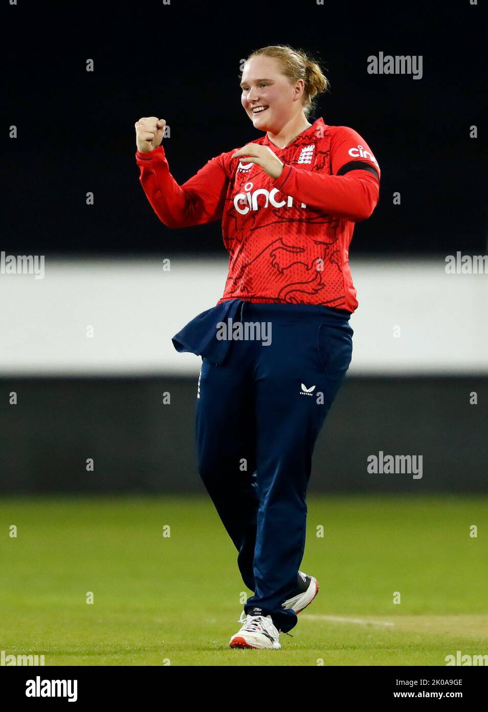 England's Bryony Smith celebrates the wicket of India's Smriti Mandhana ...