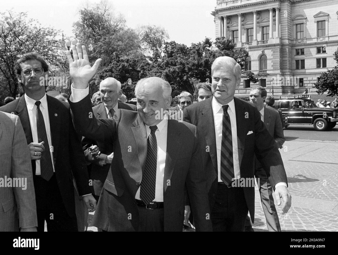 Mr. Gorbachev visits. Photograph shows former Soviet president Mikhail ...