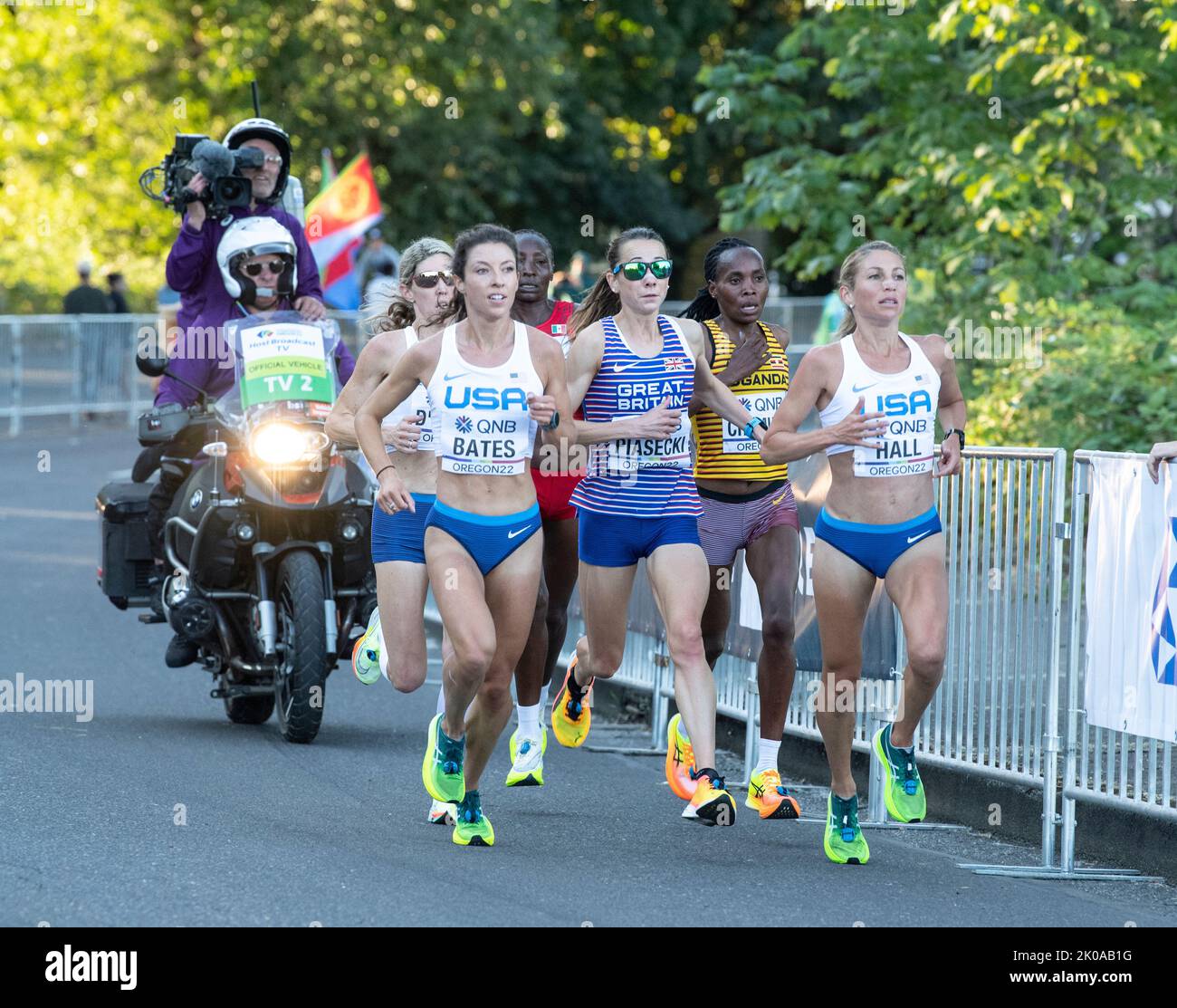 Emma Bates and Sara Hall of the USA competing in the women’s marathon ...
