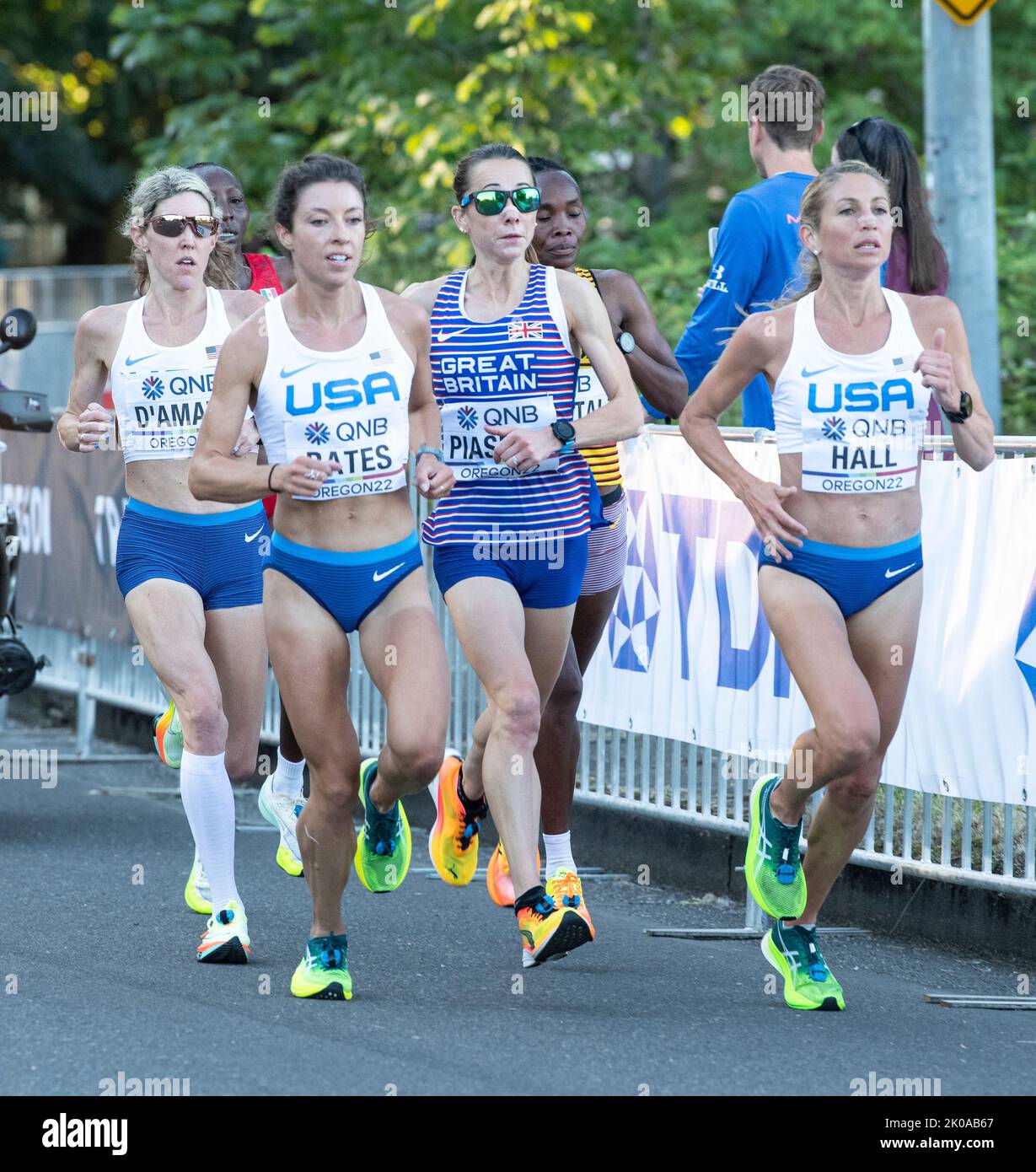 Emma Bates and Sara Hall of the USA competing in the women’s marathon ...