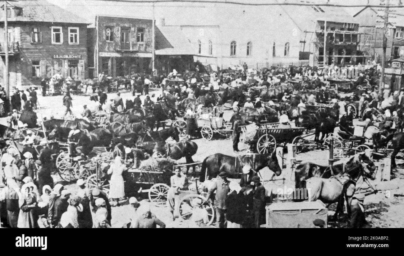 Market day in Pilviskiai, in the Vilkaviskis district. Pilviskiai is a ...