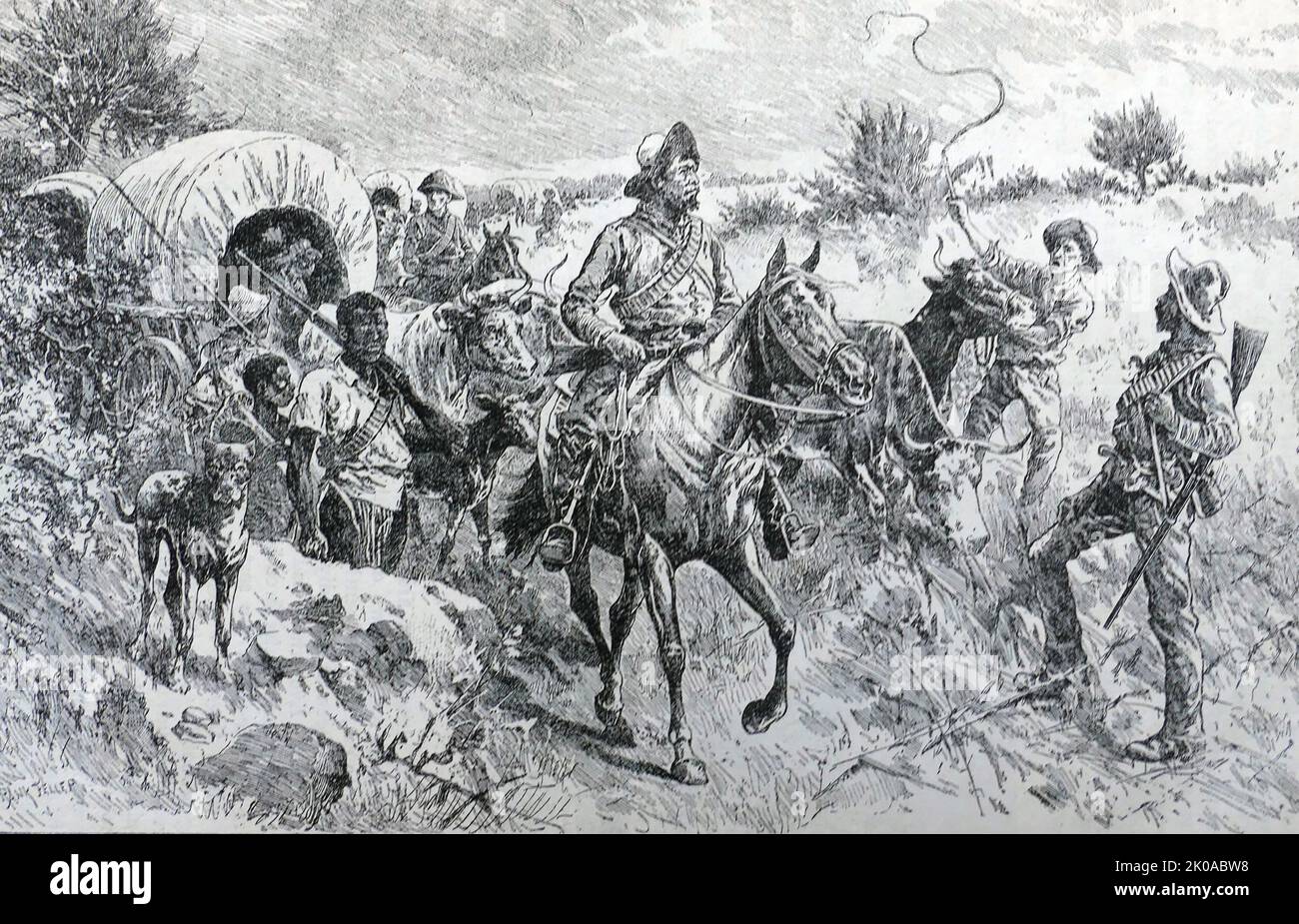Boers on the trek. Black and white drawing. The Great Trek was an ...