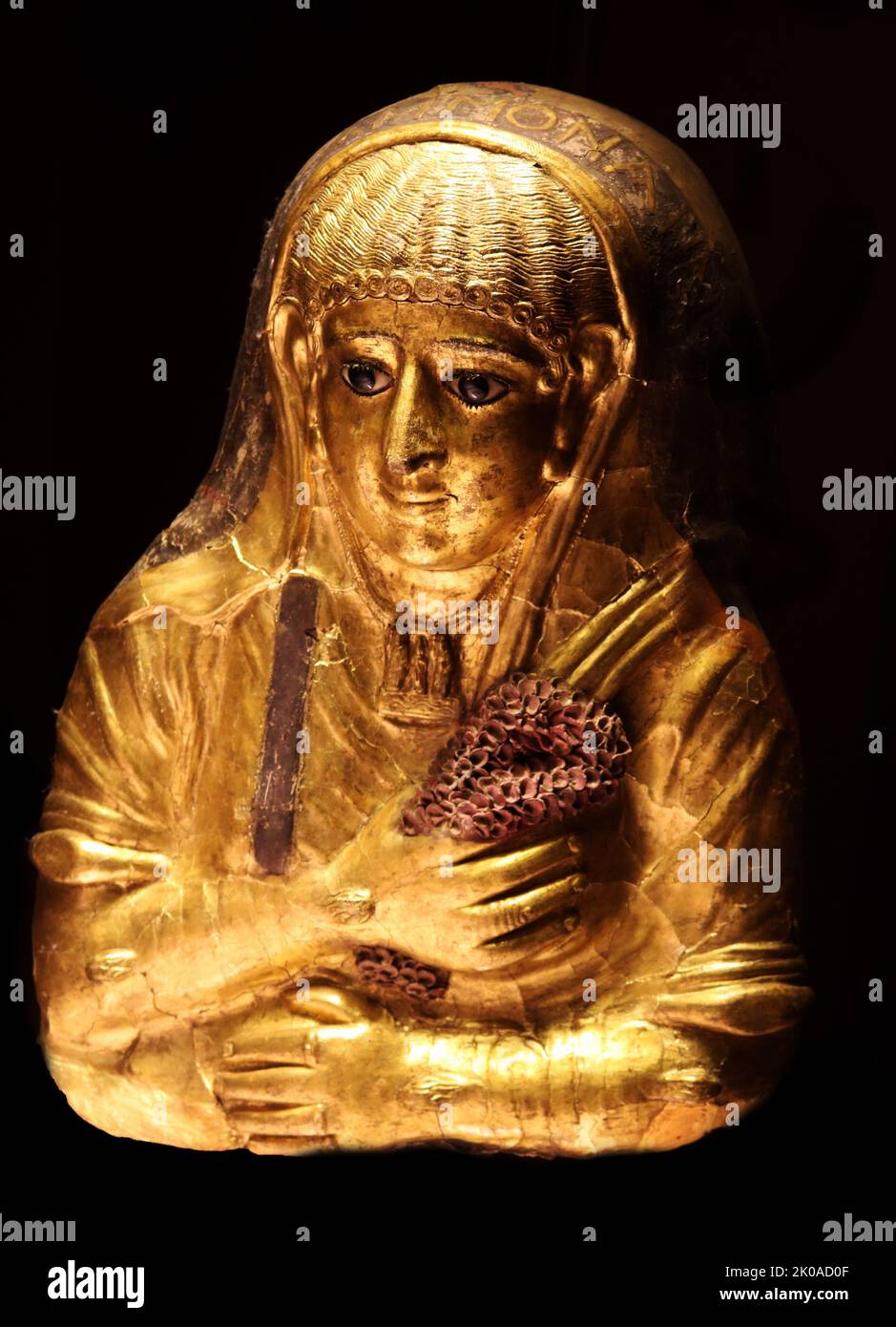 Gilded encaustic mummy mask from a coffin. Roman-Egyptian, Fayum, Egypt ...