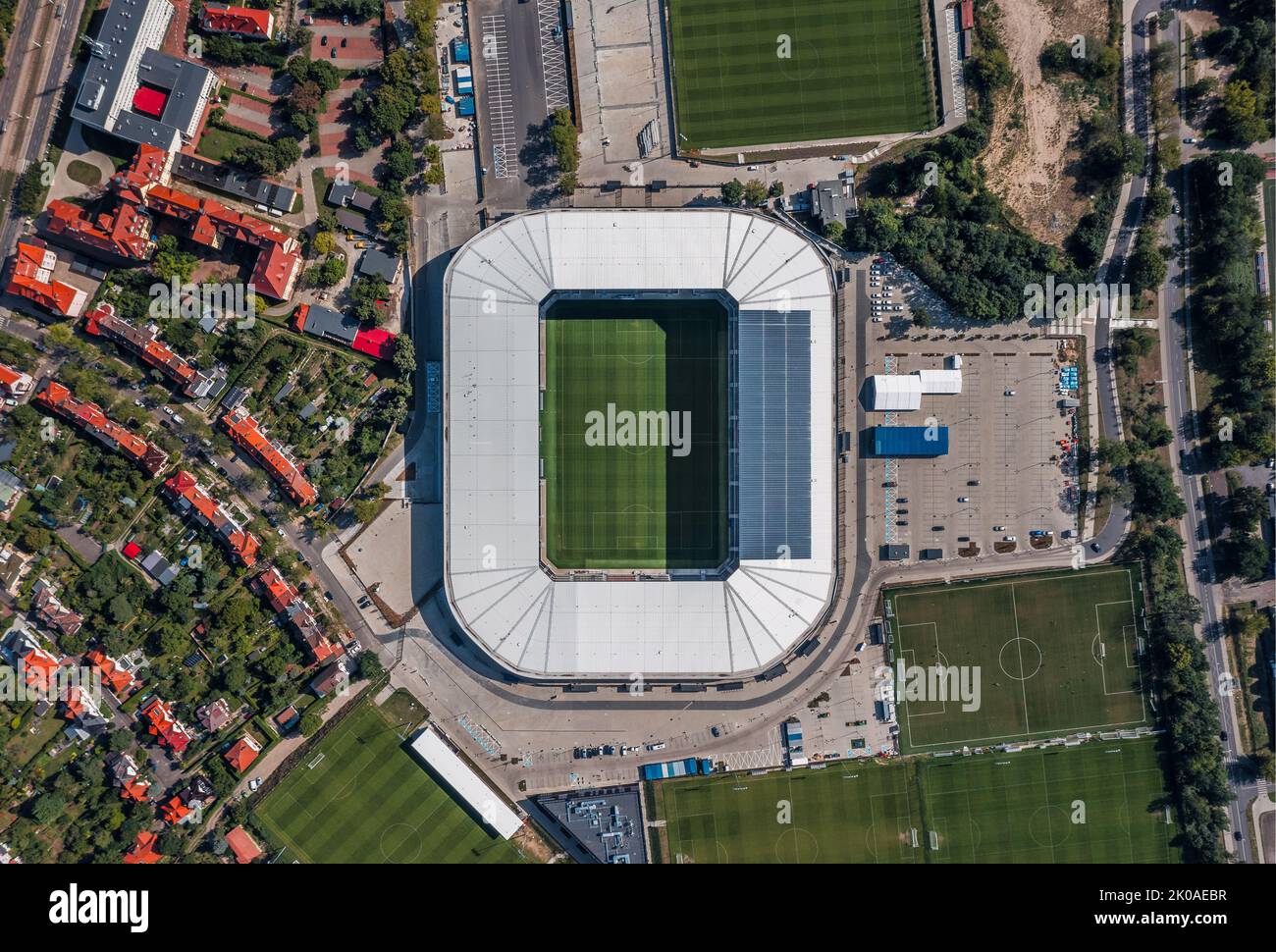 Aerial panoramic summer view over city stadium (Stadion Miejski im ...