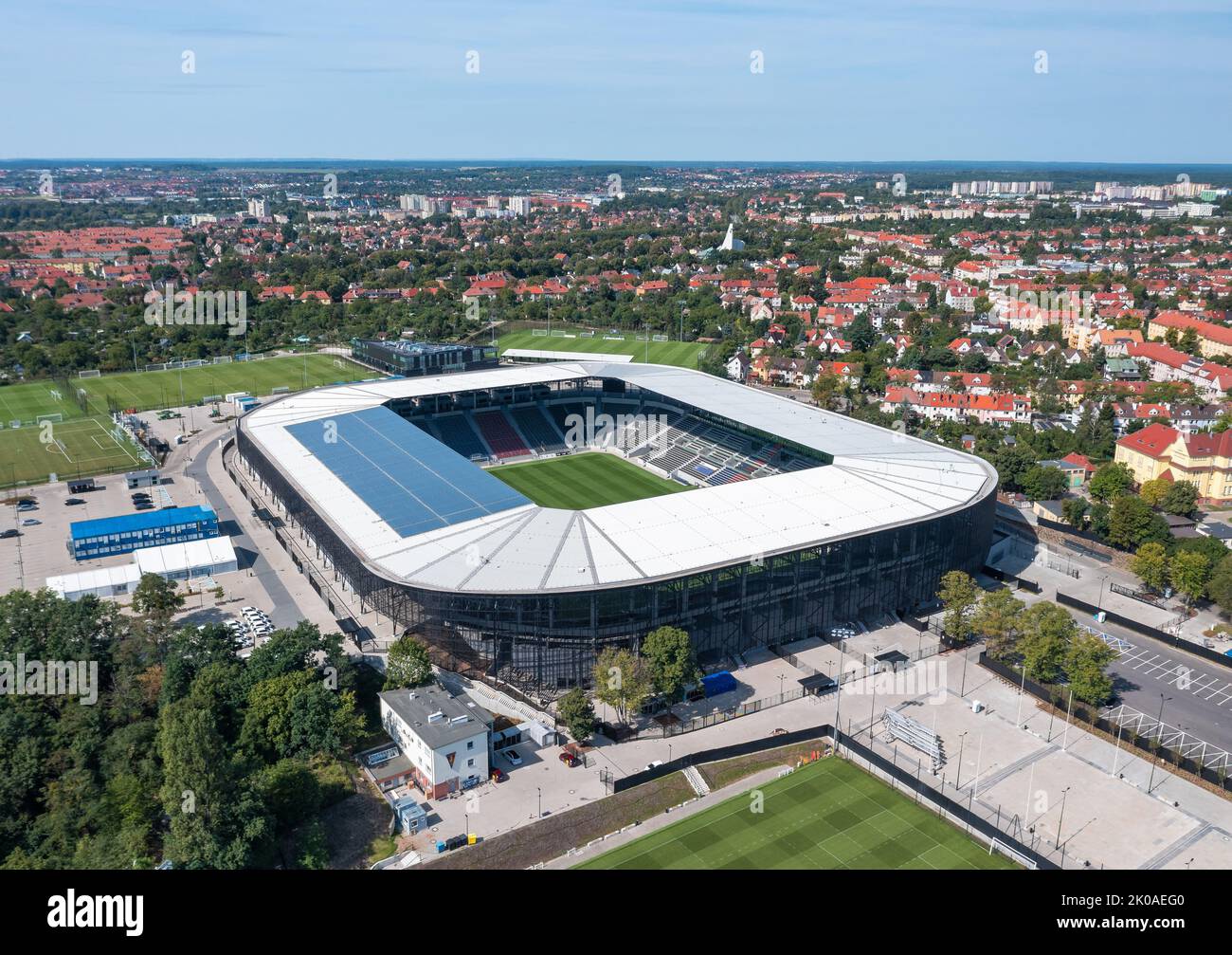 Aerial panoramic summer view over city stadium (Stadion Miejski im ...