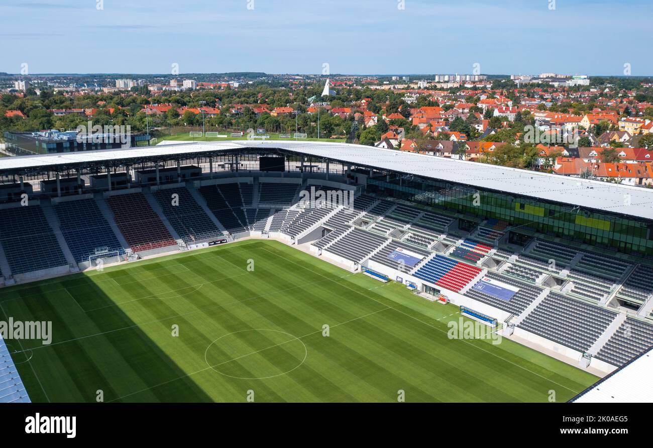 Aerial panoramic summer view over city stadium (Stadion Miejski im ...