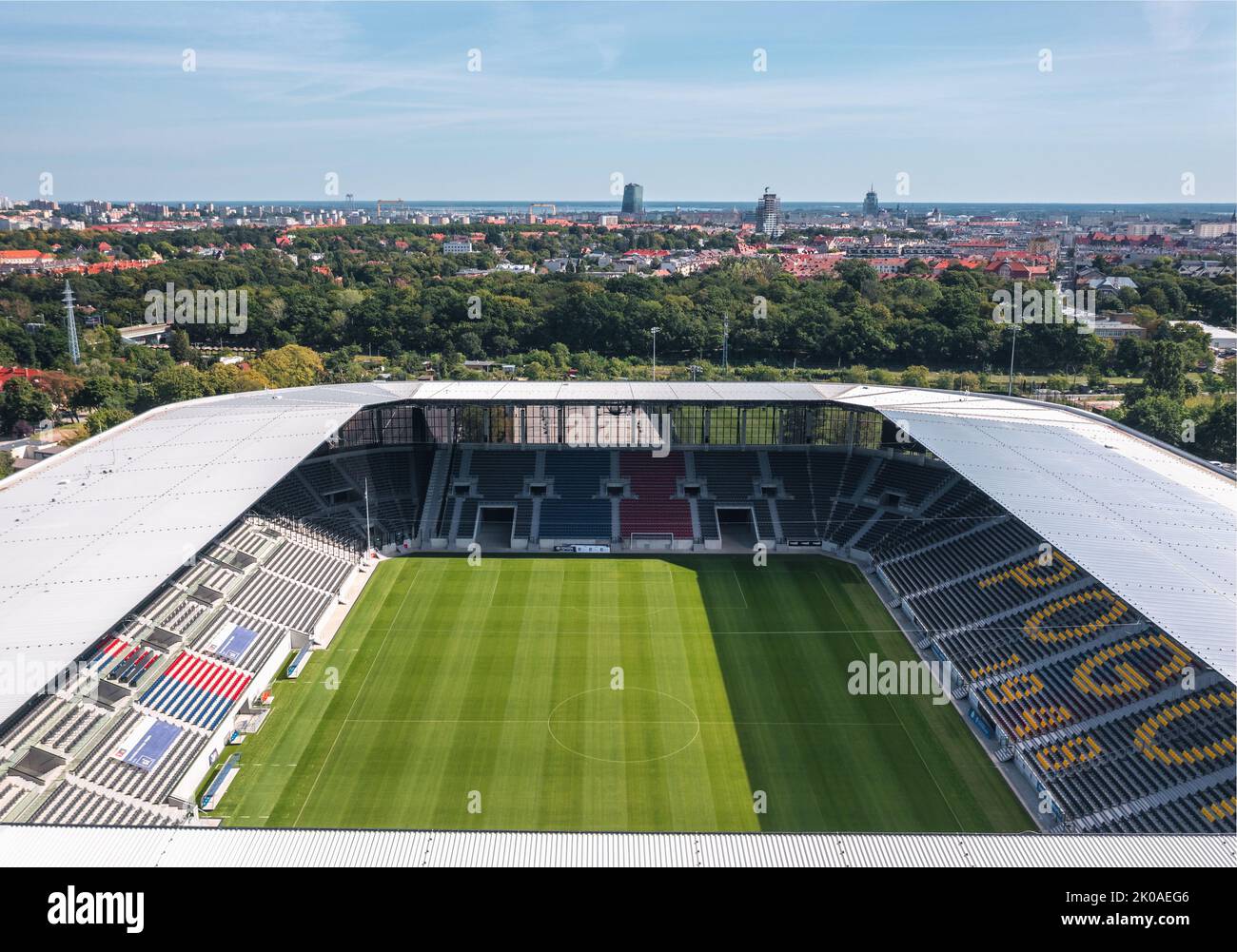 Aerial panoramic summer view over city stadium (Stadion Miejski im ...