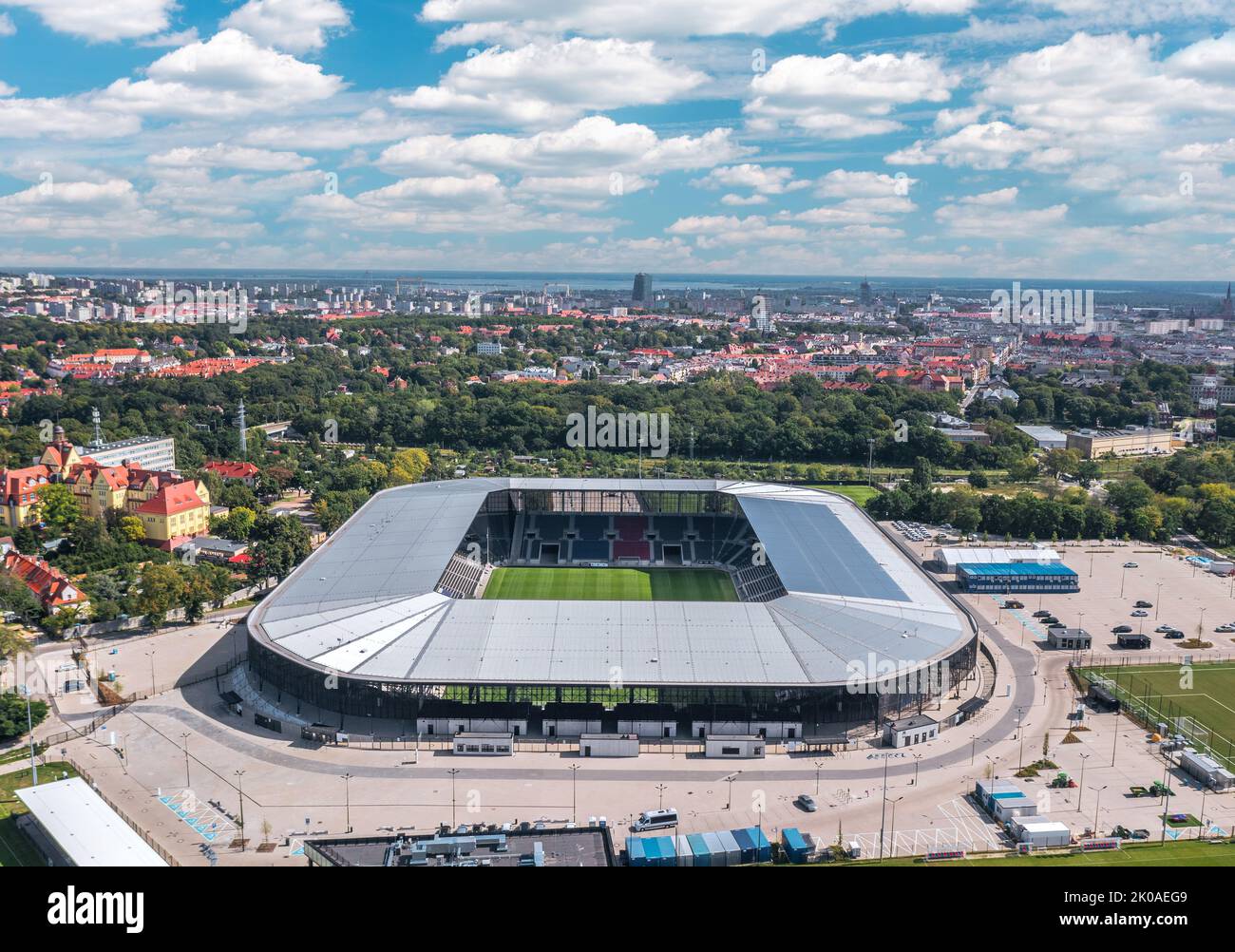 Aerial panoramic summer view over city stadium (Stadion Miejski im ...