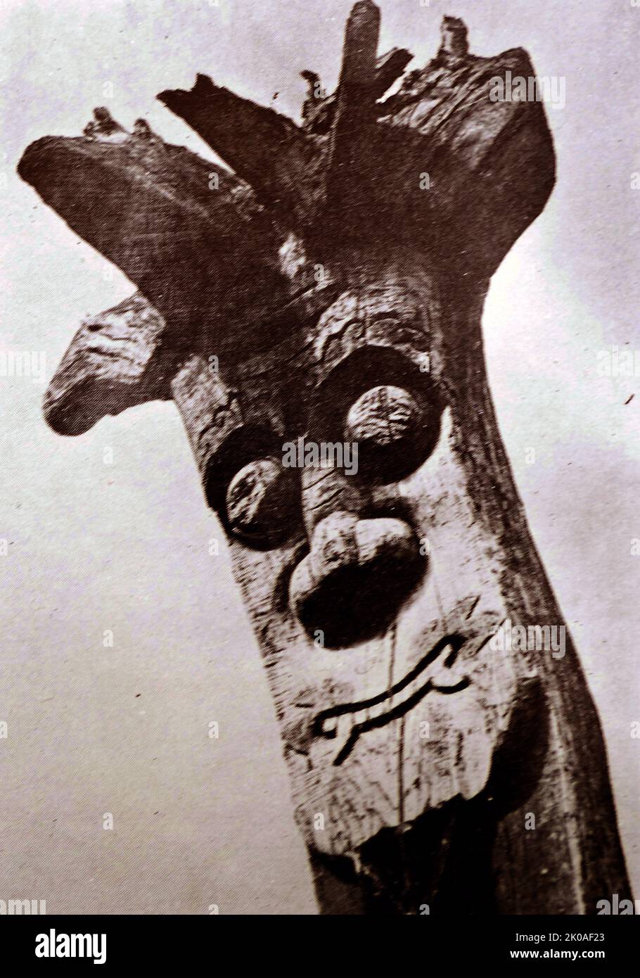 A jangseung or village guardian; a Korean totem pole usually made of ...