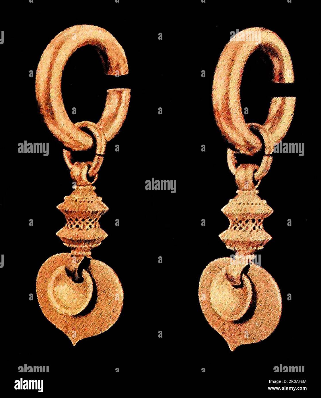 A pair of golden ear pendants, excavated from Tomb No.52 in Hwangu ...