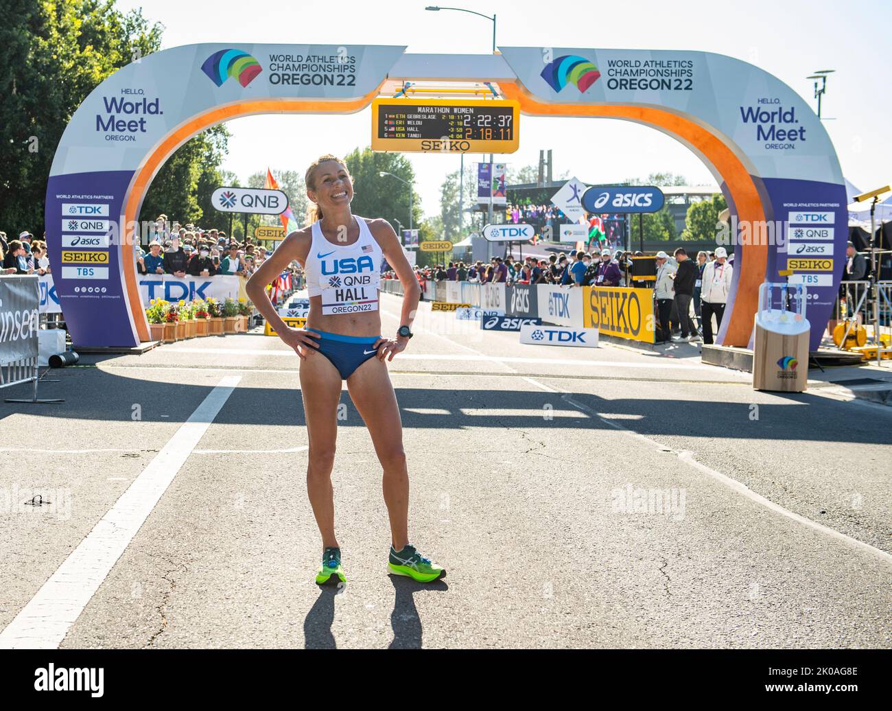 Sara Hall of the USA celebrate’s after competing in the women’s ...