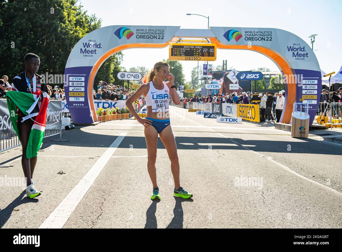 Sara Hall of the USA celebrate’s after competing in the women’s ...