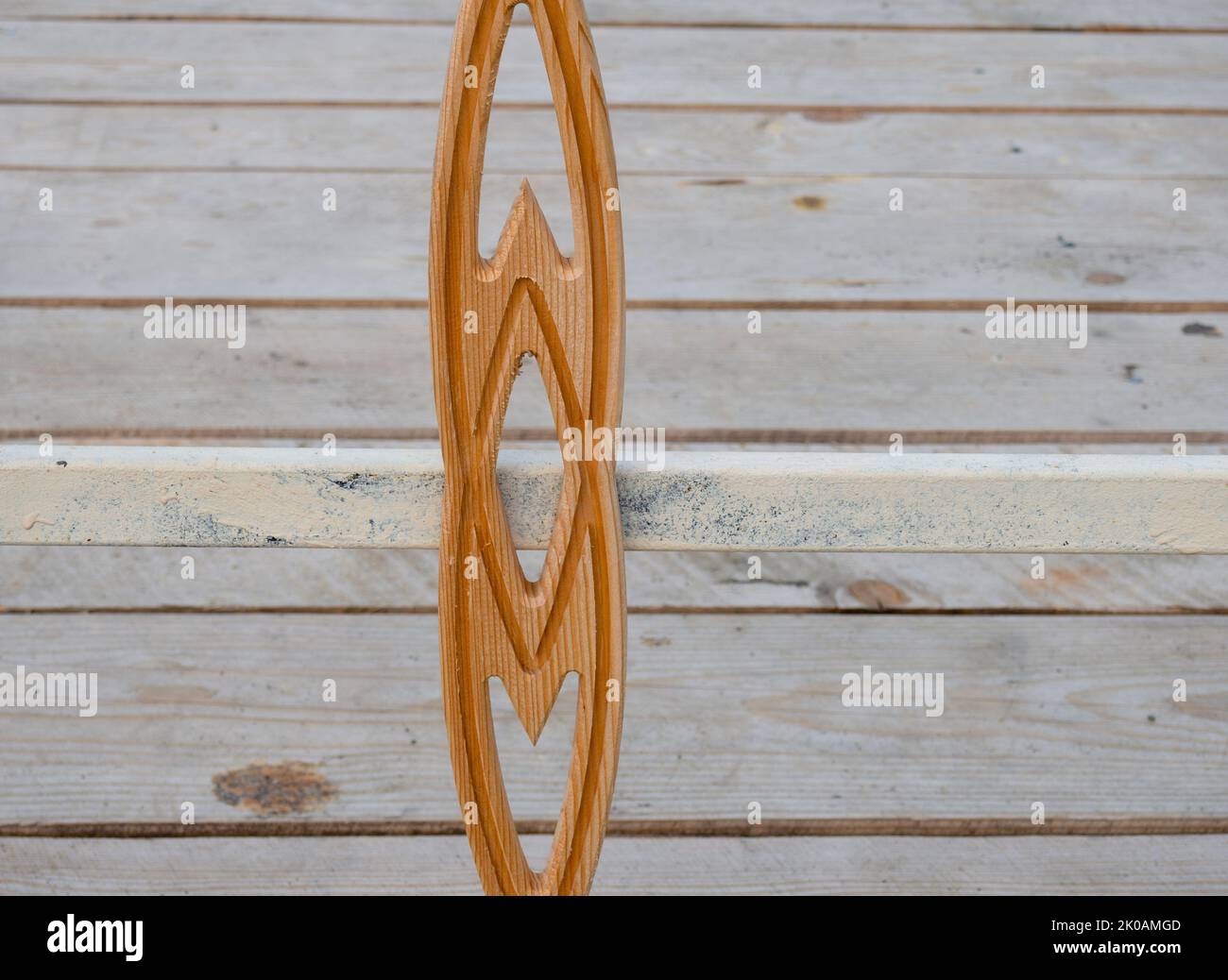 Carved wooden rail. Beautiful handrails. Wooden decoration on the fence ...