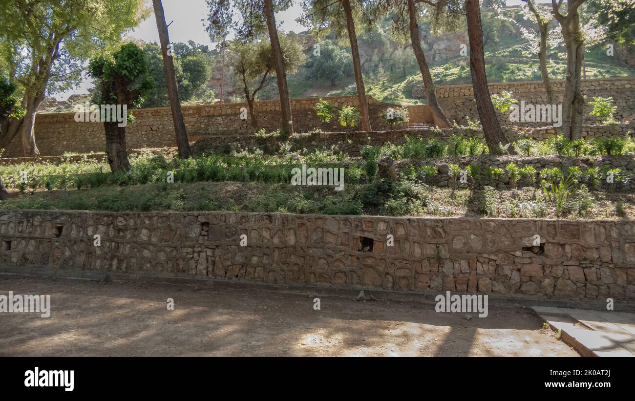 Garden with greenery at a water source in Morocco on top of a stone ...
