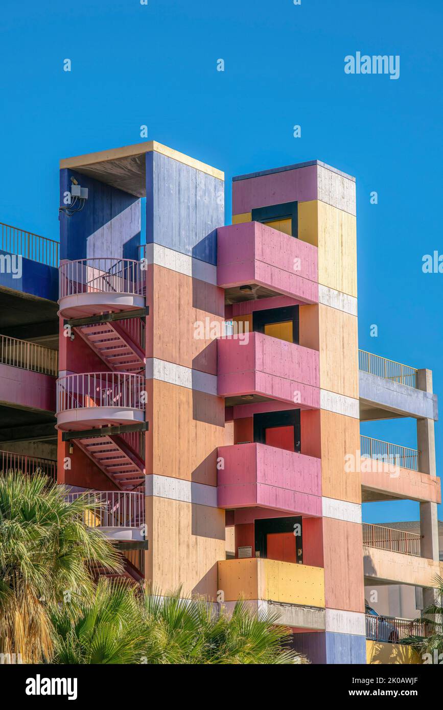 Colorful painted exterior of a parking garage building at downtown ...