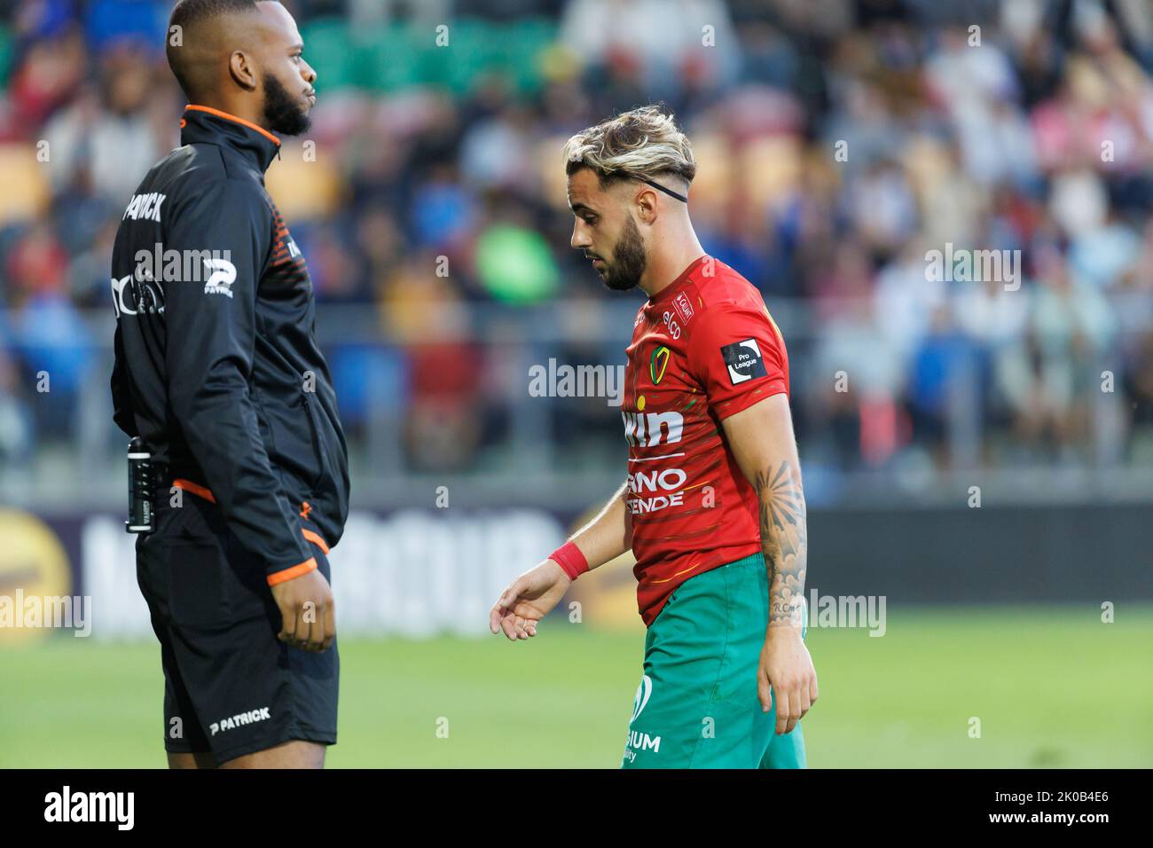 Oostende's Mo Berte leaves the field after receiving a red card during ...