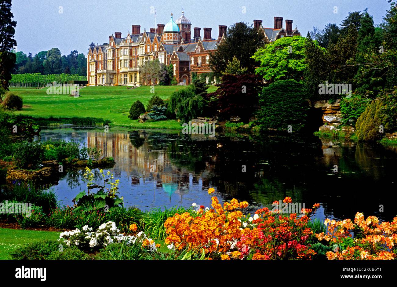 Sandringham House, across lake, royal residence, Norfolk, England, UK ...