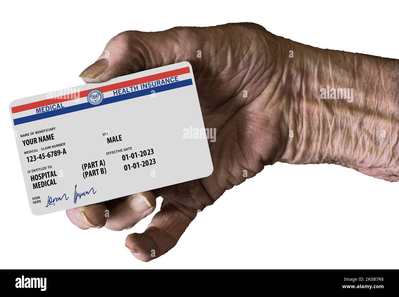 Here is a mock, generic, 2023 Medicare Health Insurance card held in an ...