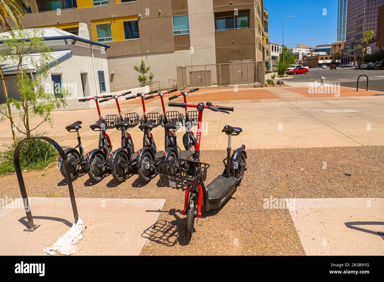 Red color bike Ecobici, electric skate, electric bicycle, renewable energies, ecology, means of ...