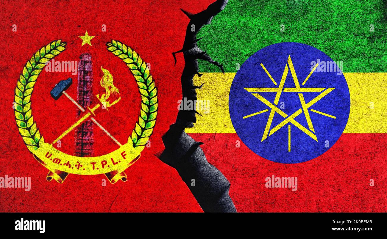 Ethiopia vs TPLF flags on a wall with a crack. Tigray People’s ...