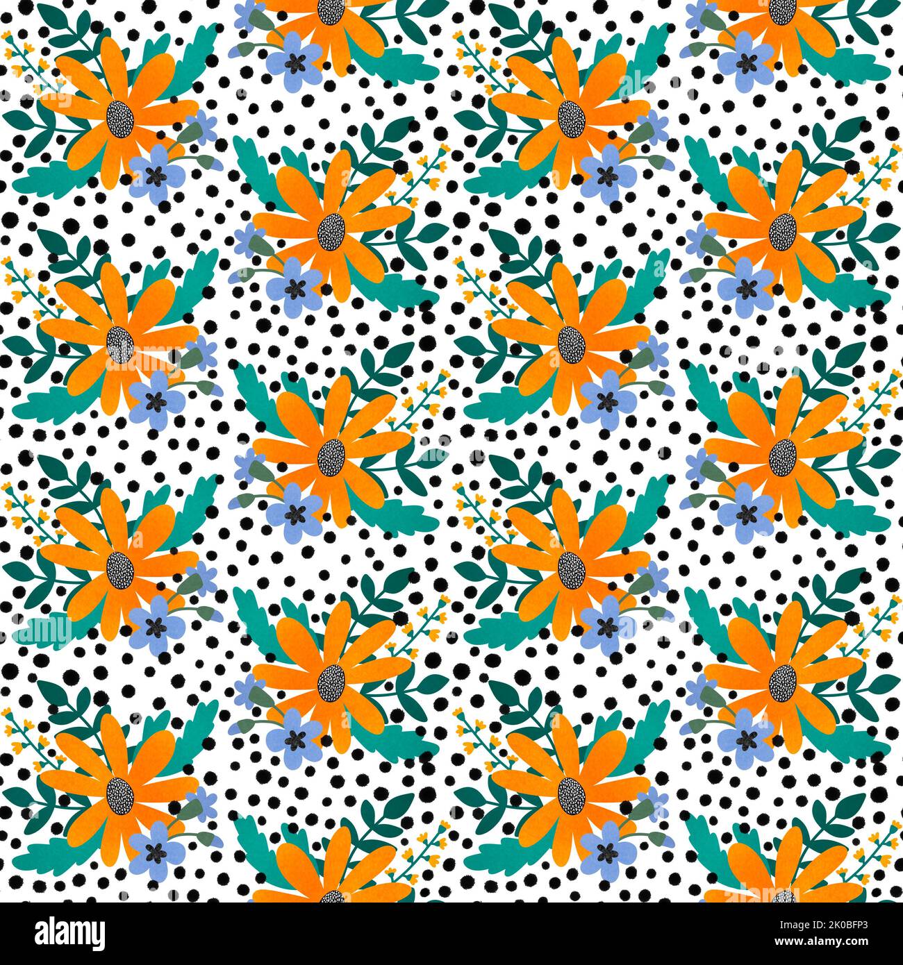 Floral simple seamless flower and leaves and polka dots pattern for ...